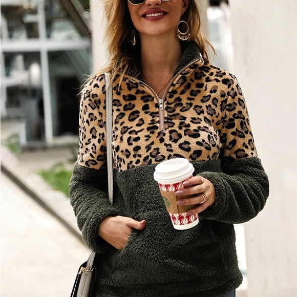 Jackets & Coats | Olive Green Brown Leopard Faux Fur Women Animal Print Zip Front Tops Shirt ...